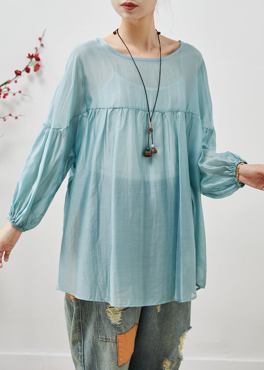 French Sky Blue Oversized Bow Cotton Blouse Top Summer – Omychic