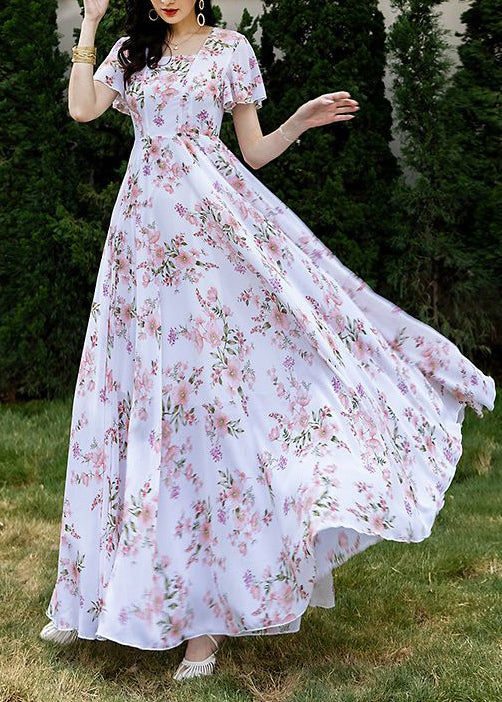 French Style Pink Square Collar Print Chiffon Dresses Summer – Omychic