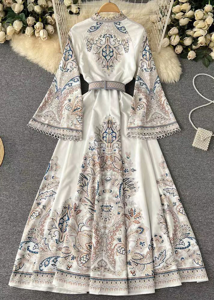French White Print Sashes Cotton Shirts Dress Flare Sleeve – Omychic