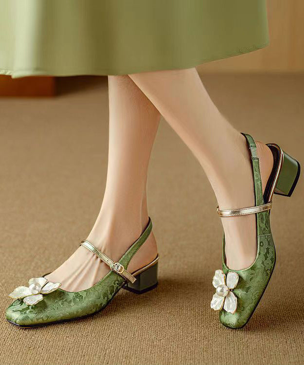 Green Chunky Chinese Style Floral Buckle Strap Splicing Sandals – Omychic