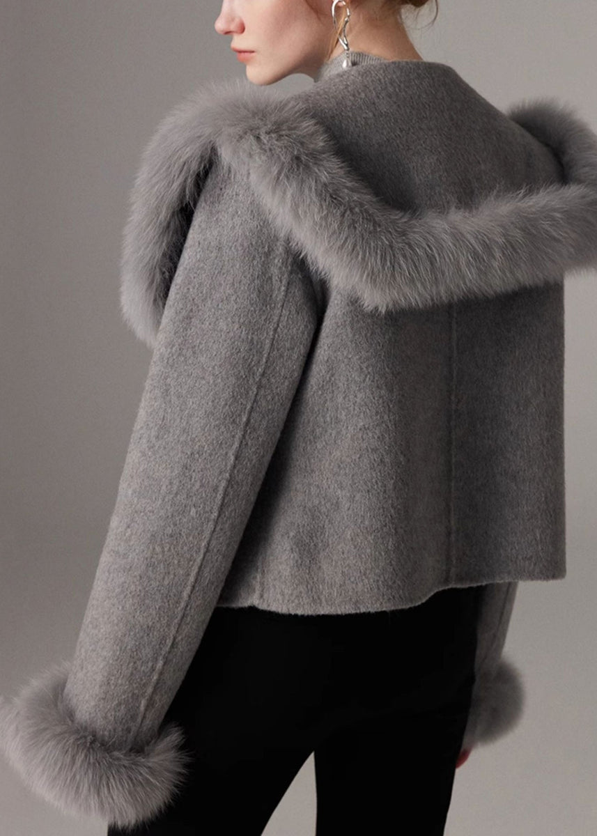 Grey Patchwork Wool Coat Peter Pan Collar Double Breast Winter – Omychic