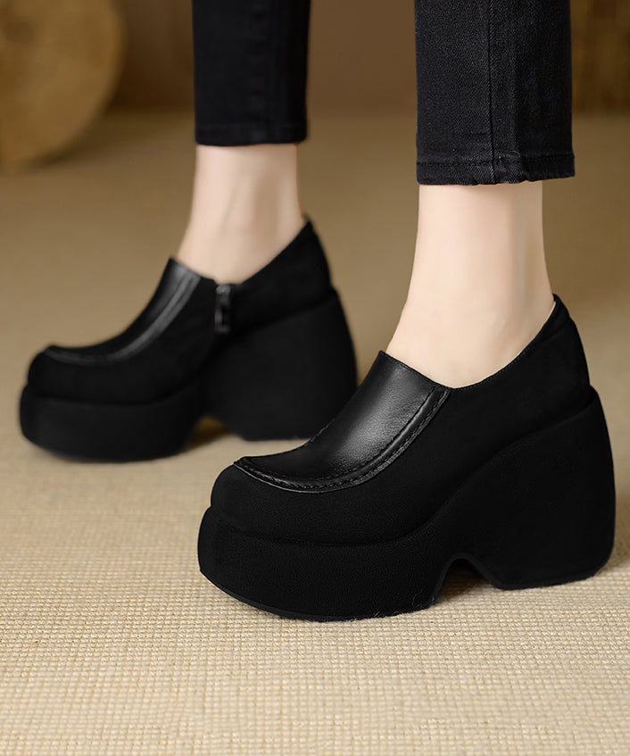 Handmade Black High Wedge Heels Cowhide Leather Beautiful Splicing ...