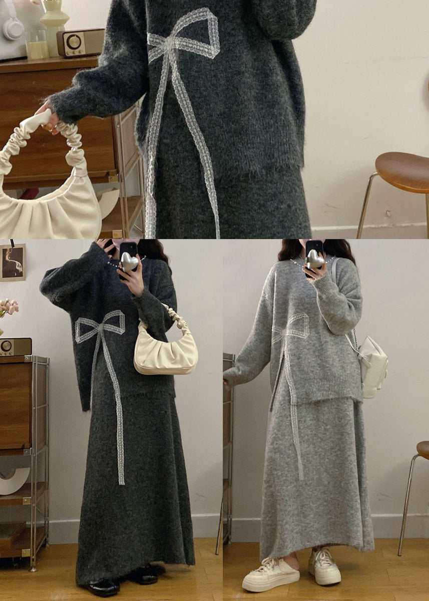 Handmade Light Grey Bow Side Open Knit Two Piece Set Women Clothing ...