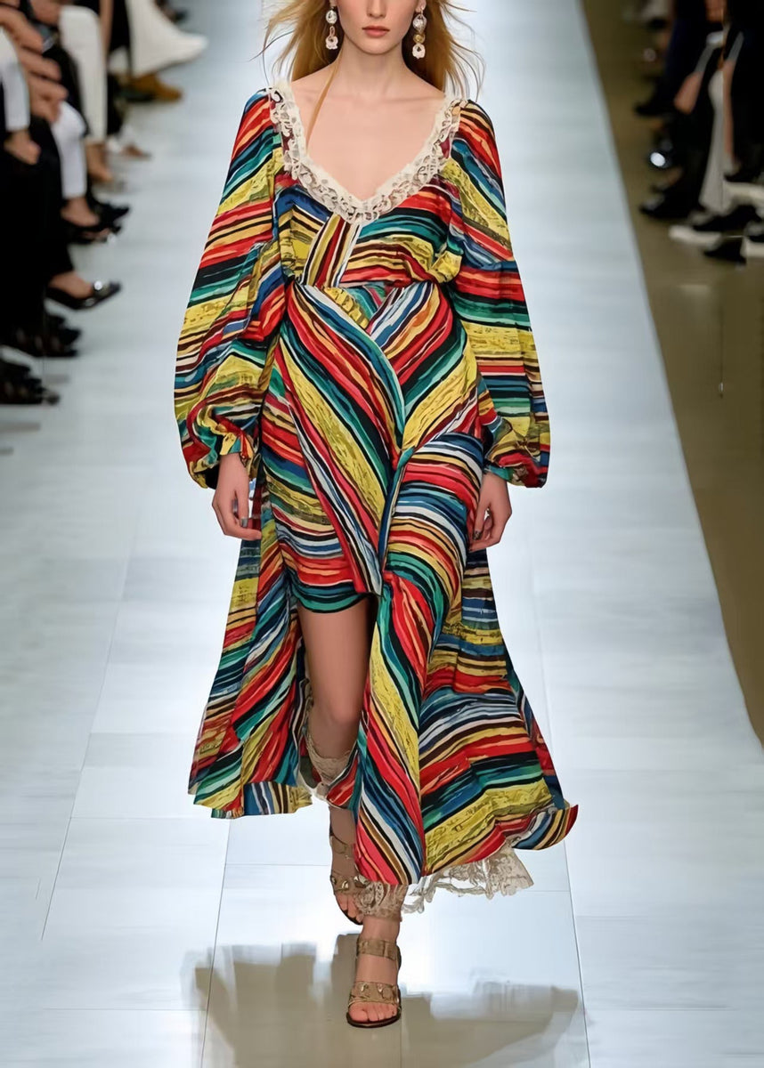 Italian Polychrome Asymmetrical Striped Chiffon Robe Dresses Spring ...