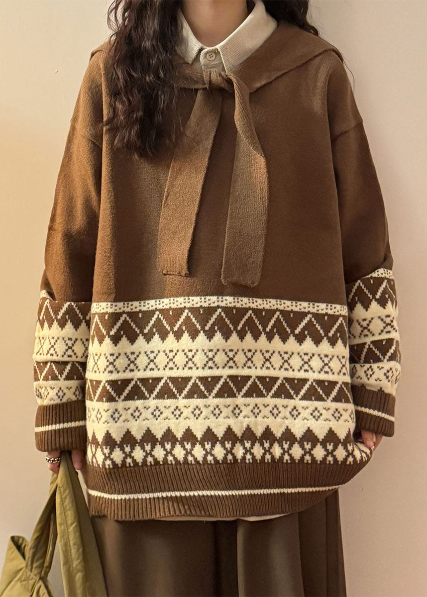 Jacquard Coffee Sailor Collar Lace Up Knit Sweater Spring – Omychic