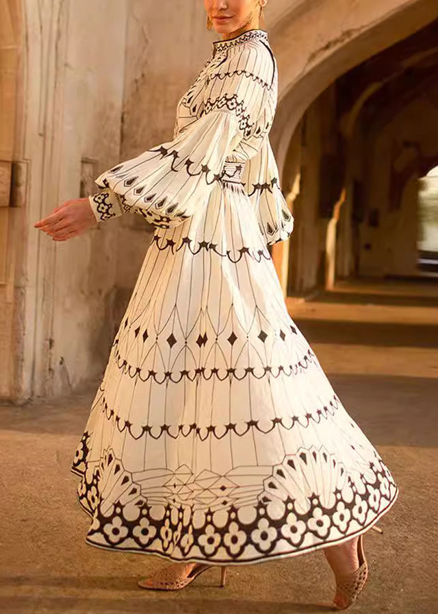 Loose White Print Sashes Cotton Maxi Dress Lantern Sleeve – Omychic