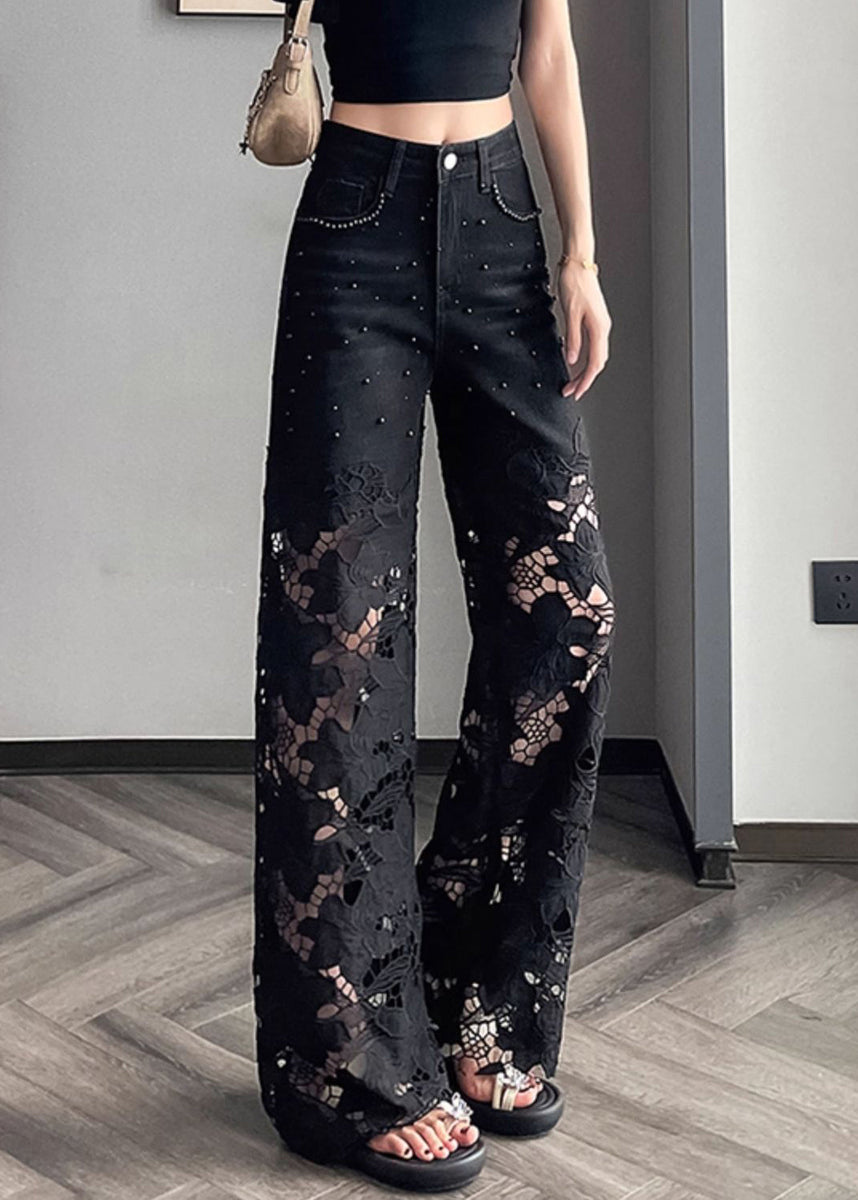 Modern Black Hollow Out Nail Bead Denim Pants Summer – Omychic
