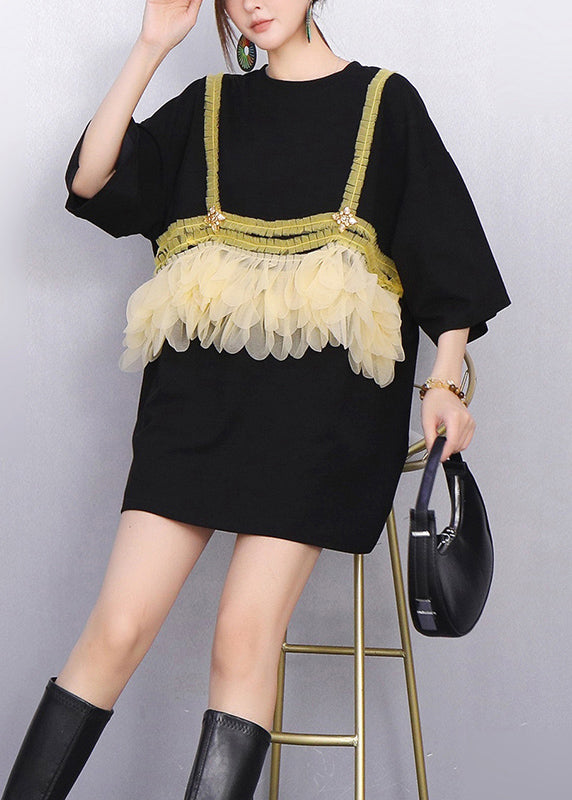 Modern Black Ruffle Tulle Strap Patchwork T Shirt Summer – Omychic