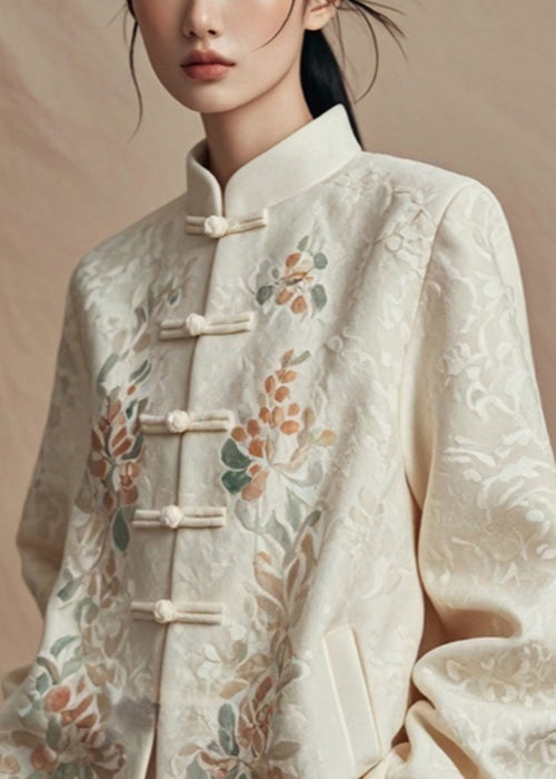 New Beige Chinese Button Print Cotton Coat Fall – Omychic