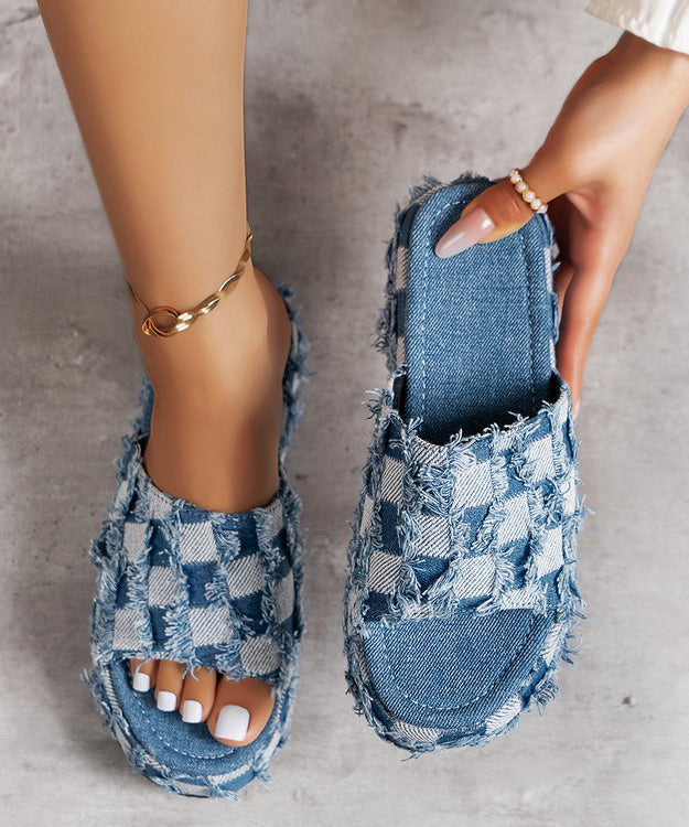 New Blue Platform Bottom Denim Tassel Checkered Slide Sandals – Omychic