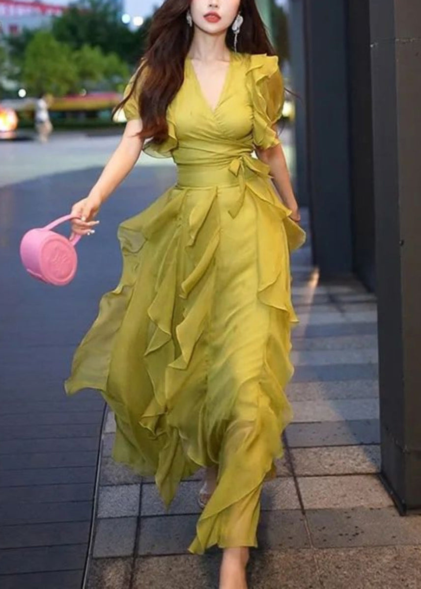 New Green V Neck Ruffled Chiffon Long Dresses Summer – Omychic