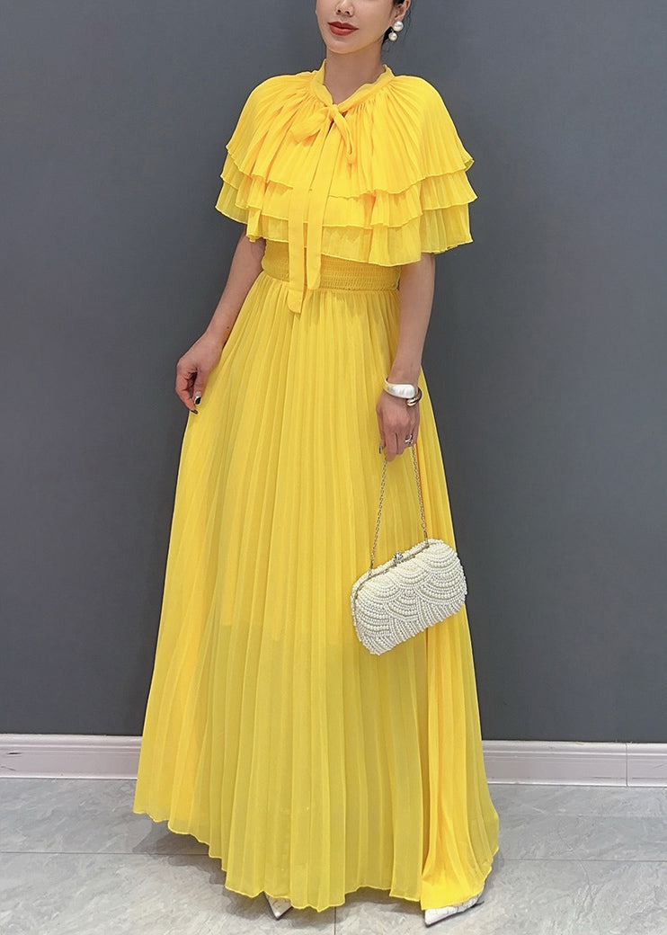 New Yellow Wrinkled Lace Up Chiffon Cape Dresses Summer – Omychic