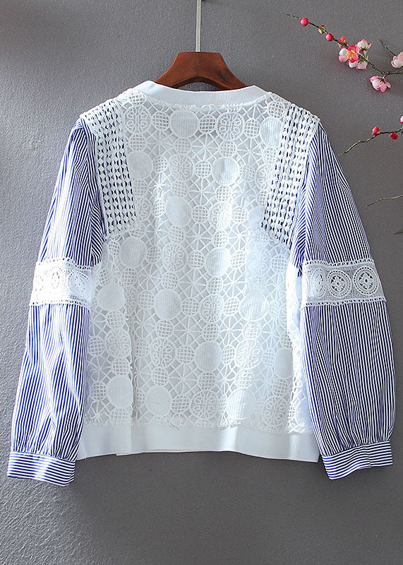 Organic Blue Striped Oversized Patchwork Lace Top Spring – Omychic