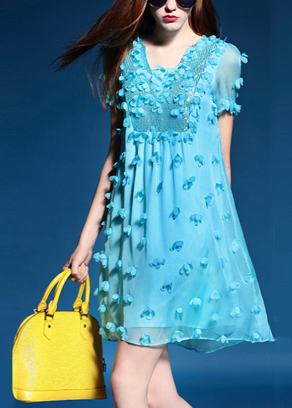 Original Design Floral Sequins Blue Chiffo Dresses Summer – Omychic