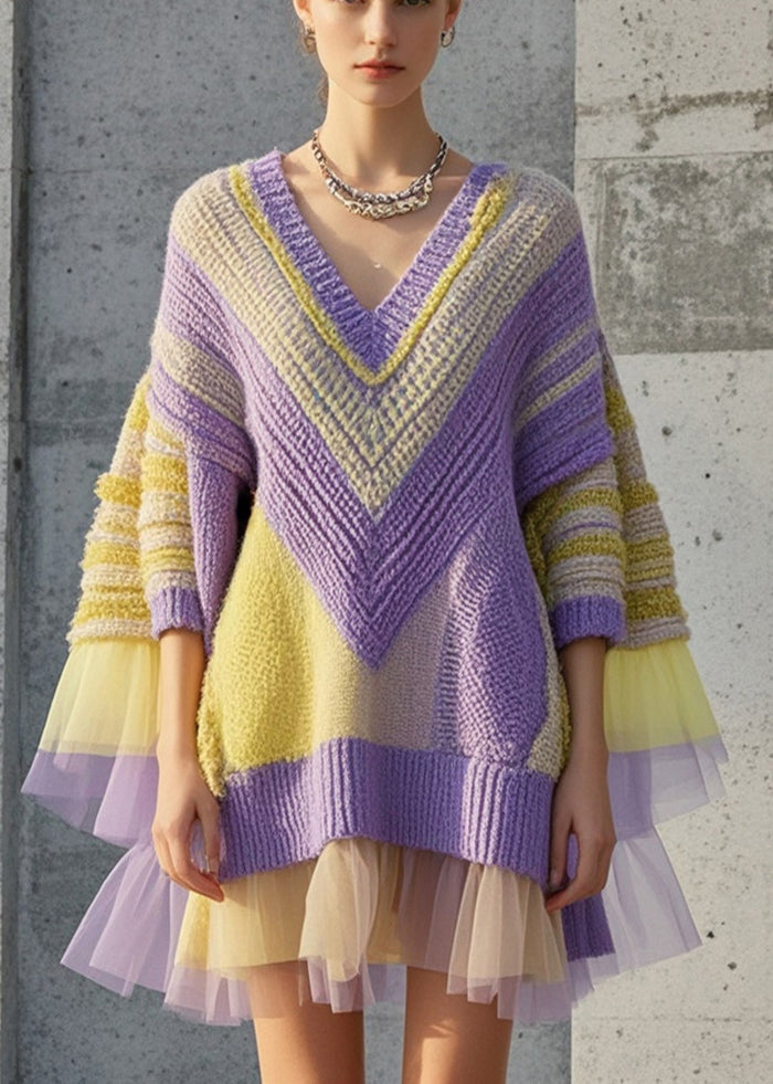Original Design Purple Oversized Patchwork Knit Dress Fall – Omychic