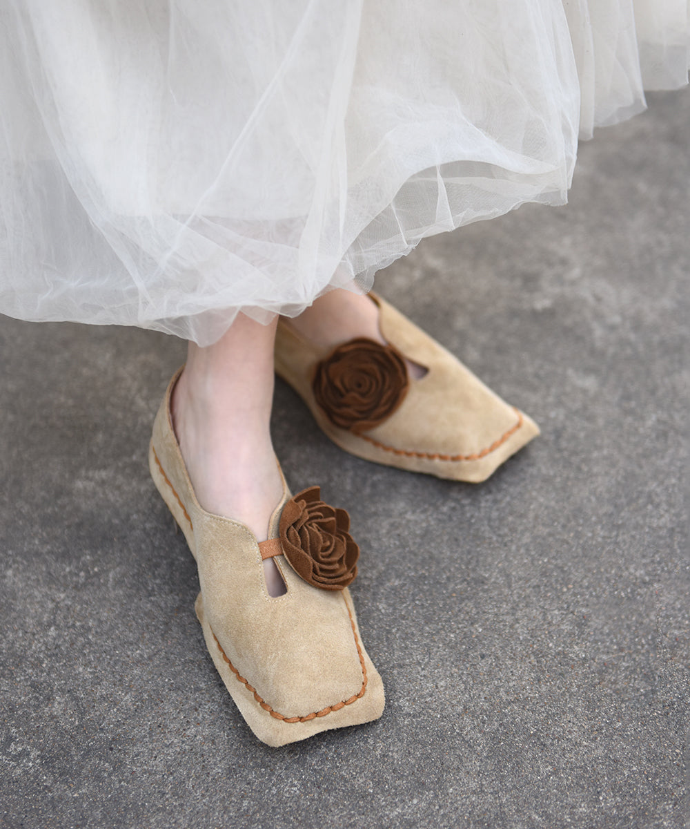 Original Retro Apricot Flower Square Toe Suede Flat Shoes – Omychic