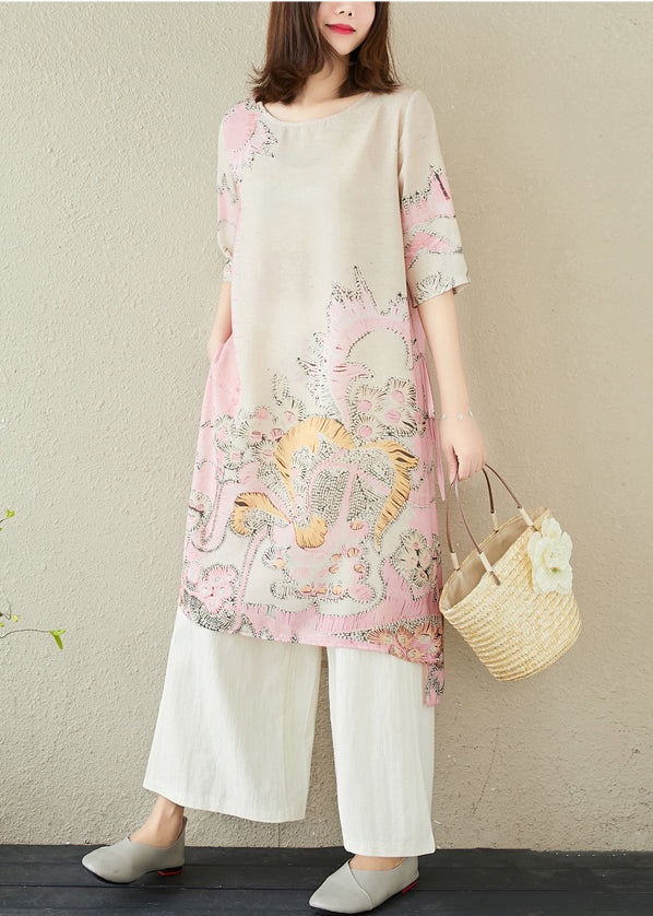 Pink Print Linen Long Dress Side Open Summer – Omychic