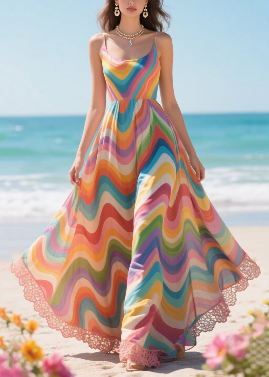 Rainbow Striped Chiffon Sundress Exra Large Hem Summer – Omychic