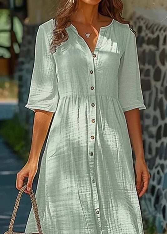 Simple Green Button Solid Cotton Shirts Dresses Half Sleeve – Omychic