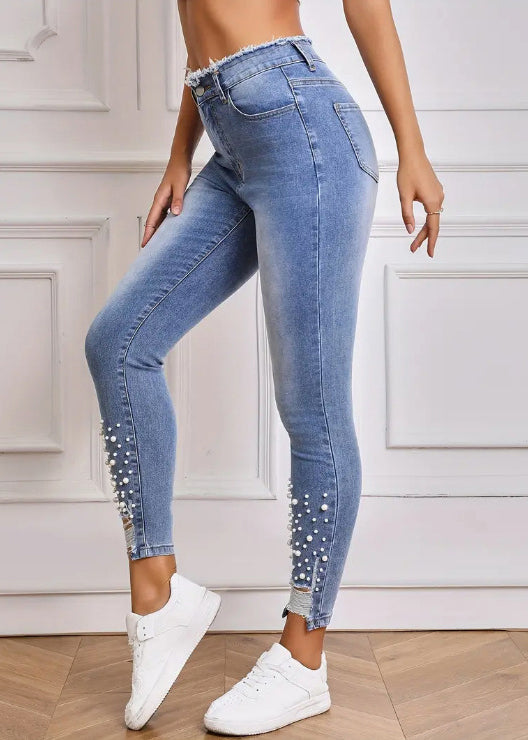 Slim Fit Light Blue Pockets Pearl Denim Pants Summer – Omychic