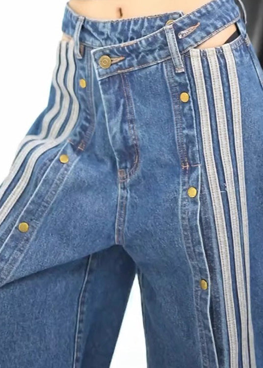 Stylish Blue Pockets Side Open Denim Wide Leg Pants Spring – Omychic