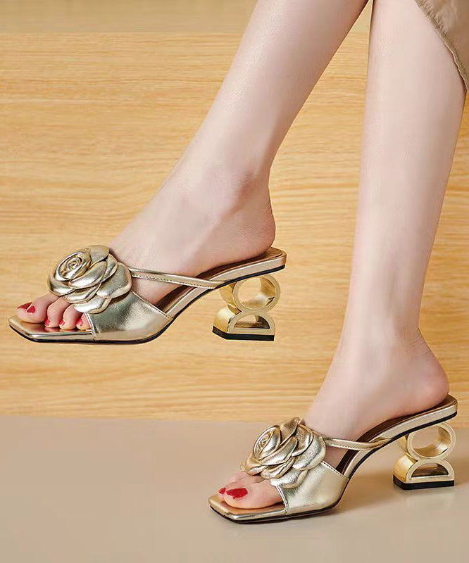 Stylish Gold Chunky Heel Floral Slide Sandals Peep Toe – Omychic