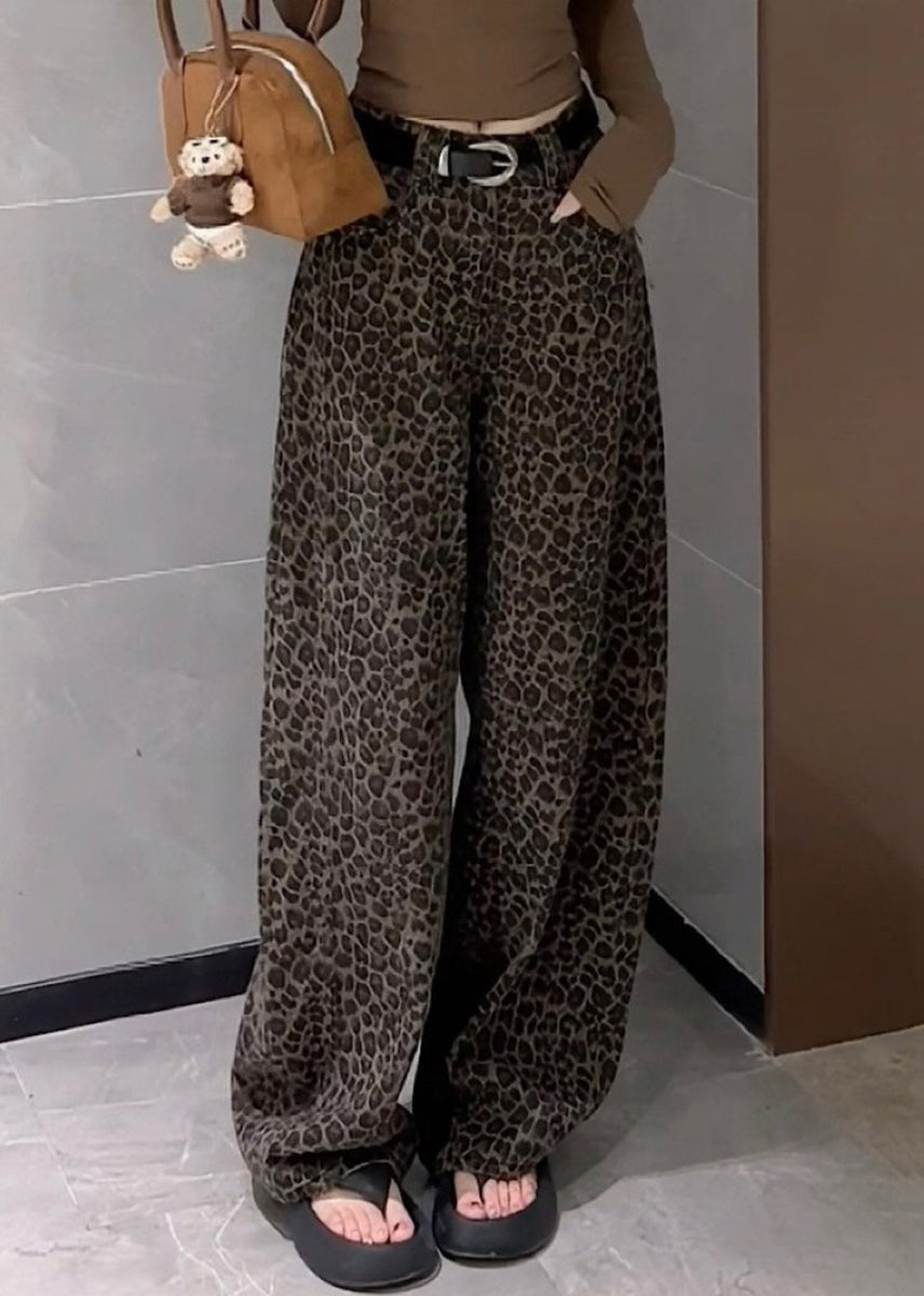 Unique Leopard Pockets High Waist Denim Wide Leg Pants Fall – Omychic
