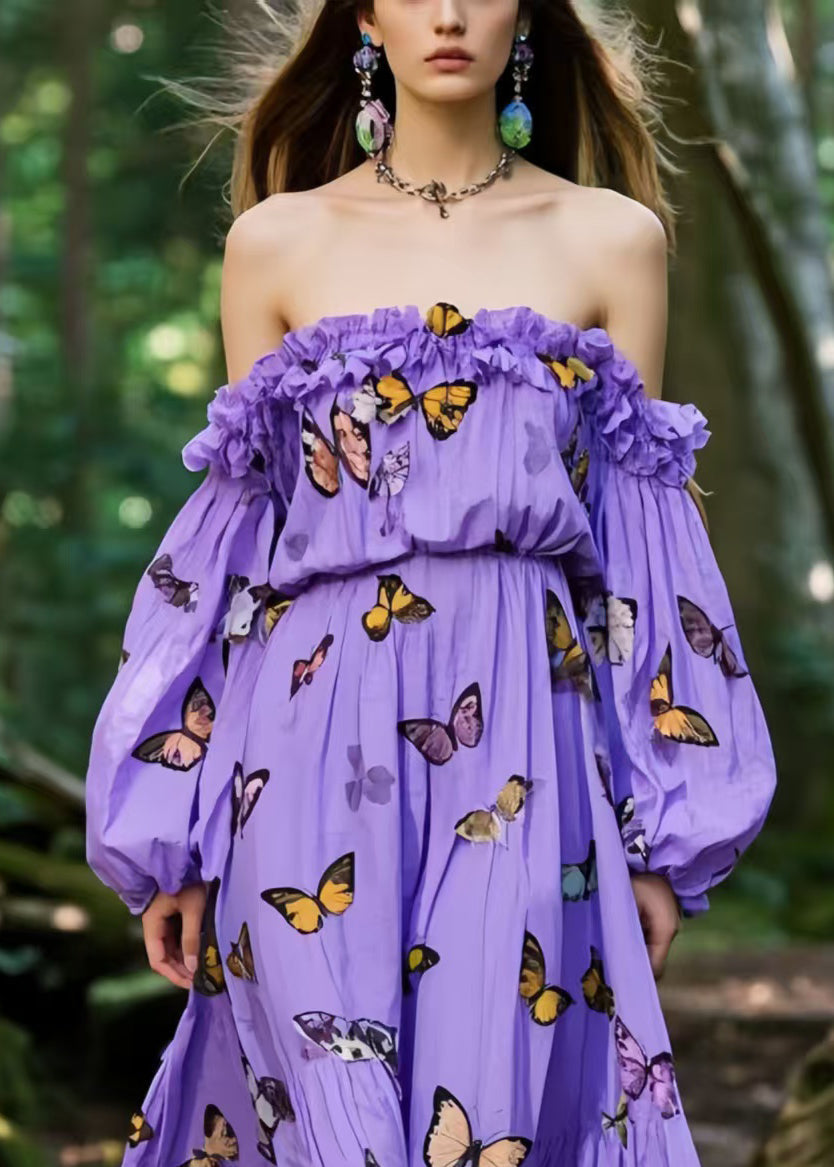 Unique Purple Backless Butterfly Print Cotton Party Dress Spring – Omychic