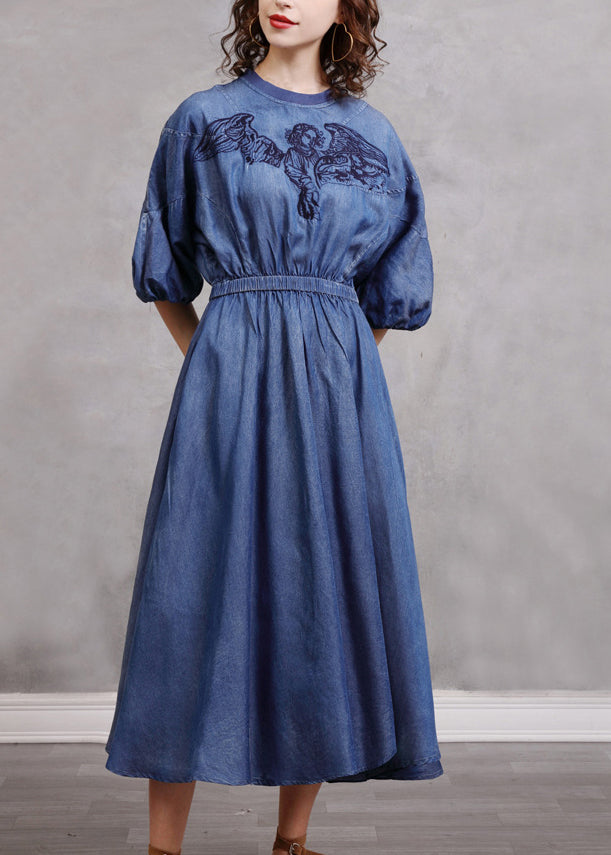 Vintage Blue Embroidered Elastic Waist Long Denim Dress Lantern Sleeve ...
