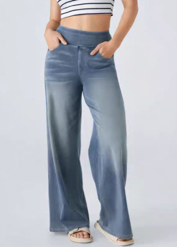 Vintage Light Blue Pockets Elastic Waist Denim Wide Leg Pants Summer ...