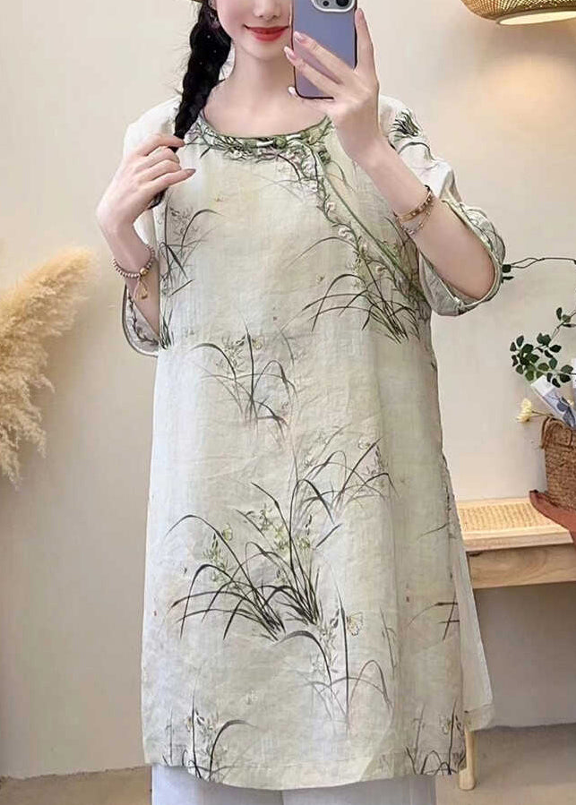 Vintage Light Green Print Side Open Linen Shirt Half Sleeve – Omychic