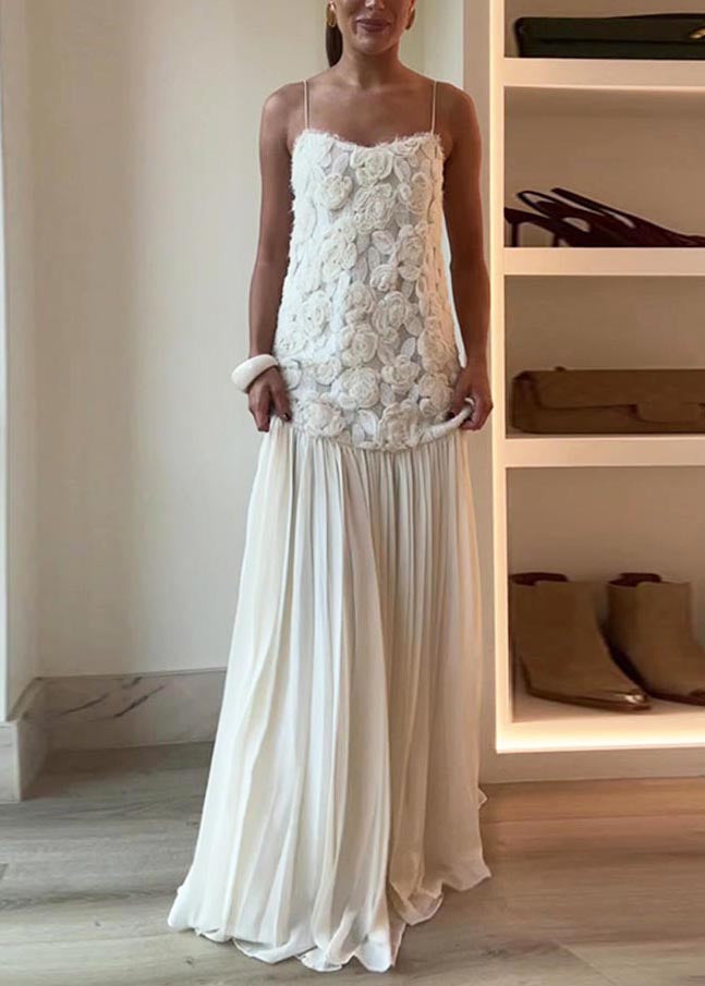 White Patchwork Chiffon Sundress Flowers Decorated Summer – Omychic