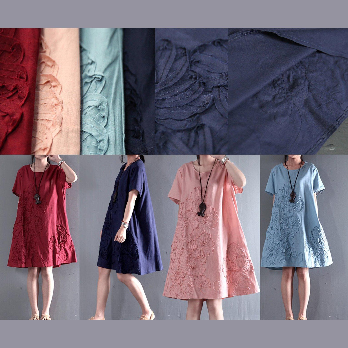 Appliques navy sundress linen summer dresses plus size blouse – Omychic