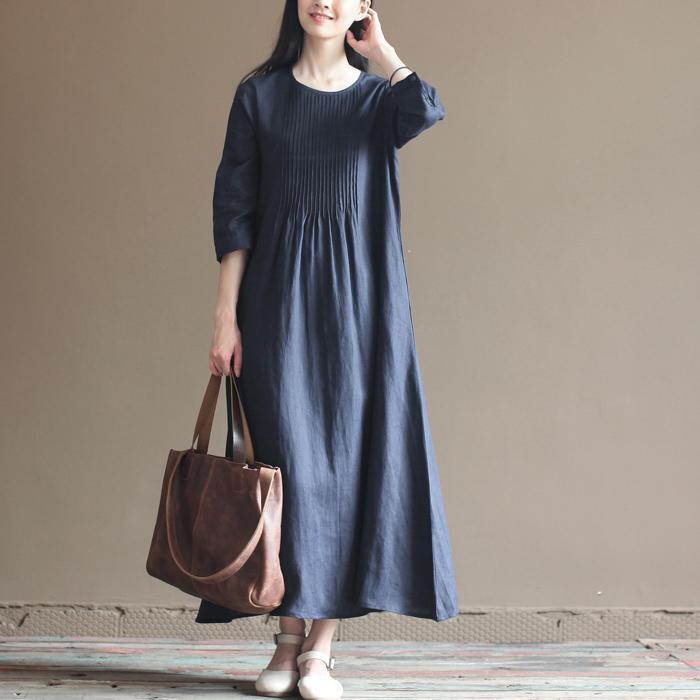 fall navy pleated linen dresses bracelet sleeve linen maxi dress cafta ...