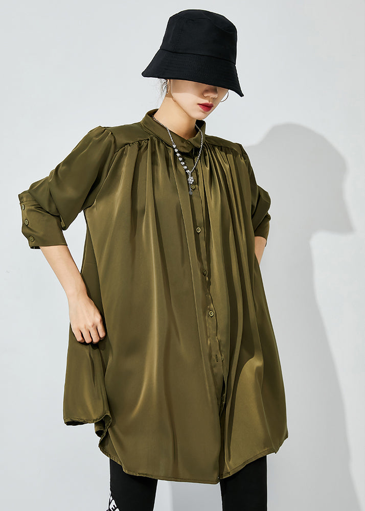 Army Green Draping Silk Shirt Top Oversized Wrinkled Spring – Omychic