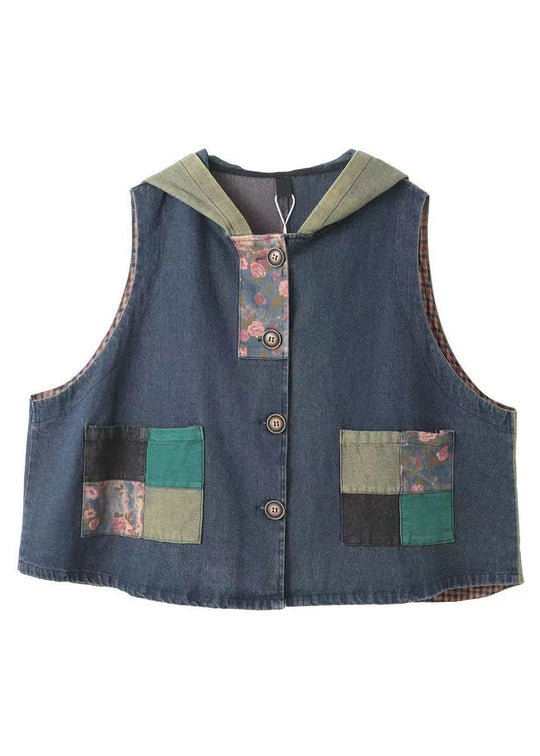 Casual Blue Print Pockets Patchwork Denim Hoodies Vest Fall – Omychic