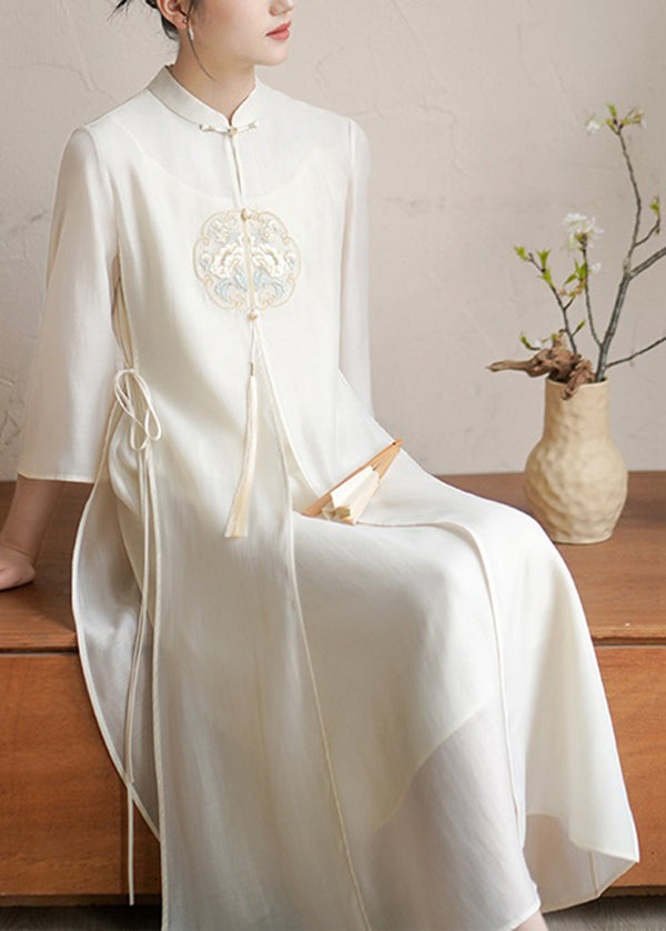Chinese Style Beige Embroidered Lace Up Patchwork Silk Dresses Fall ...