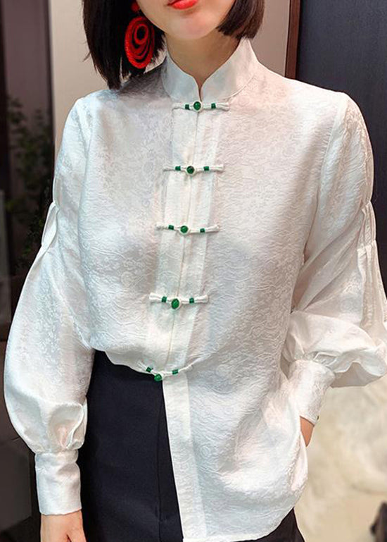 Chinese Style White Stand Collar Button Jacquard Silk Blouse Tops lant ...