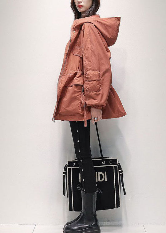 Classy Brick Red Hooded Drawstring Fine Cotton Filled Cinch Jackets Sp ...