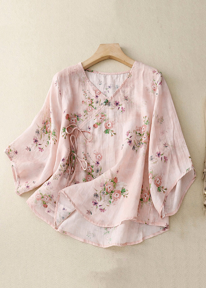 Classy Pink V Neck Lace Up Print Cotton Shirts Spring – Omychic