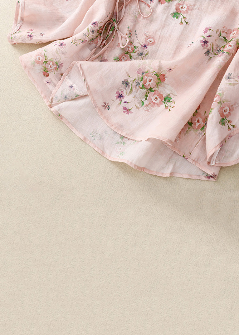 Classy Pink V Neck Lace Up Print Cotton Shirts Spring – Omychic