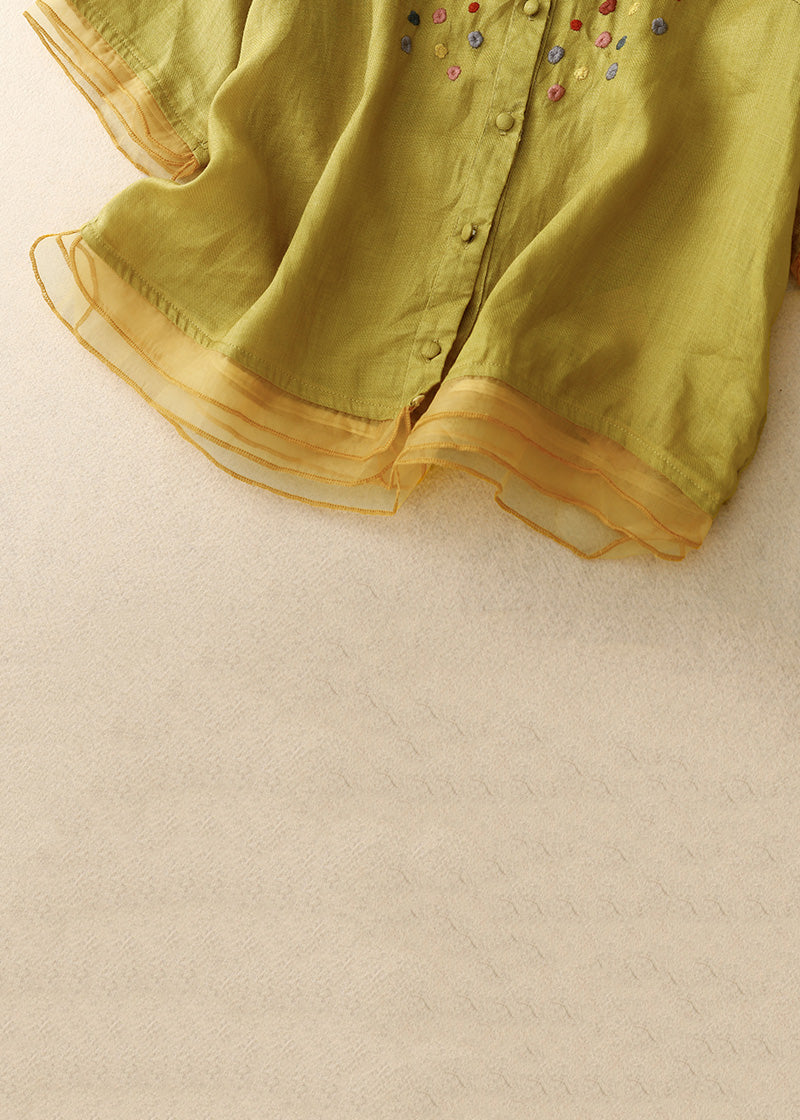Classy Yellow Embroideried Button Cotton Blouses Spring – Omychic