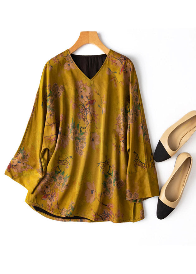 DIY Yellow V Neck Print Silk Top Long Sleeve – Omychic