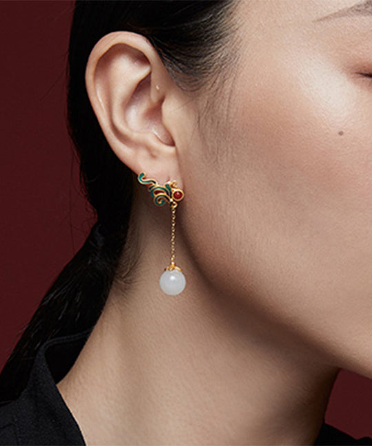 Elegant Gold Floral Sterling Silver Jade Drop Earrings – Omychic