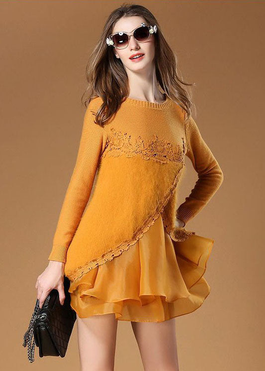 Elegant Yellow Side Open Organza Patchwork Fuzzy Fur Fluffy Mini Dress ...
