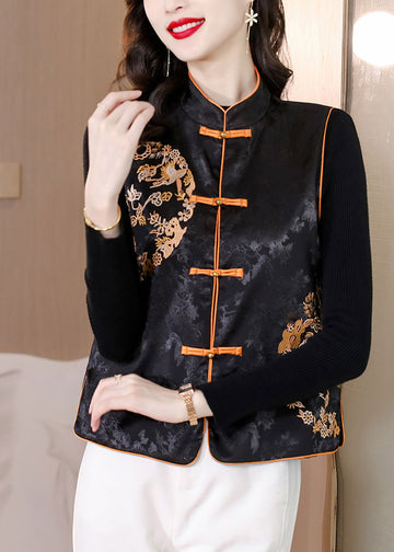 Fine Black Embroideried Chinese Button Silk Oriental Vests Spring – Omychic