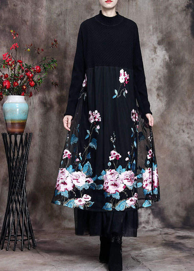 Fine Black Lace Patchwork Knit Robe Dresses Spring – Omychic