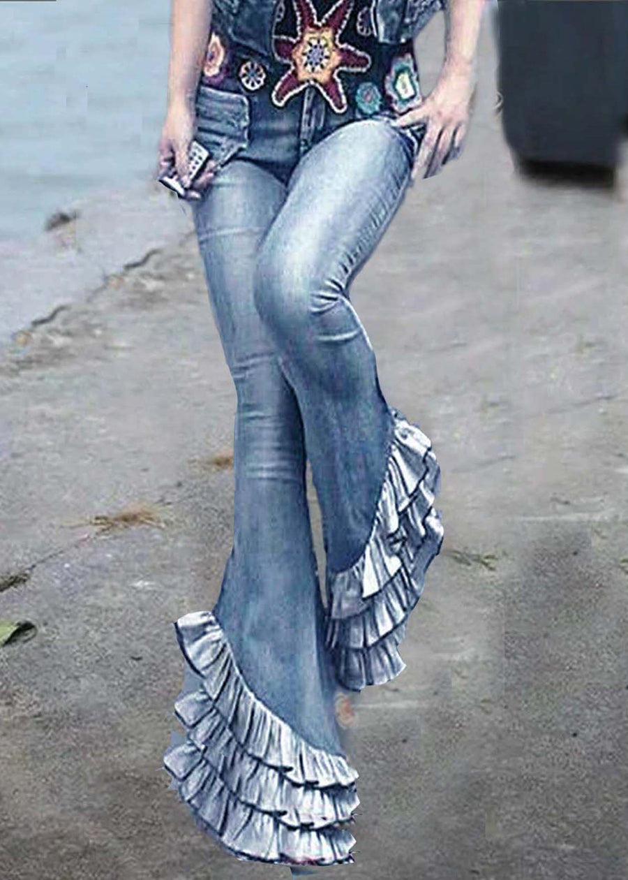 French Blue High Waist Patchwork Ruffles Denim Bell-bottom Trousers Su ...