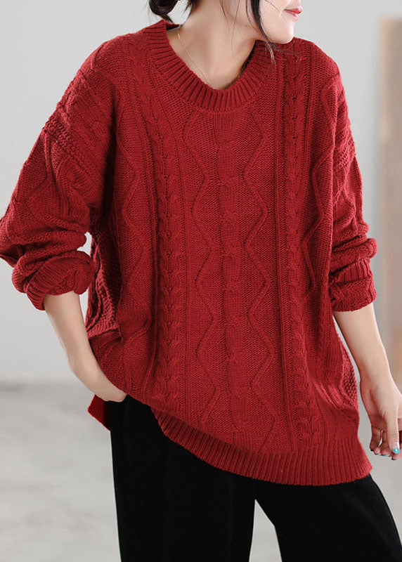 French Red O-Neck side open Knit Sweater Tops Spring – Omychic