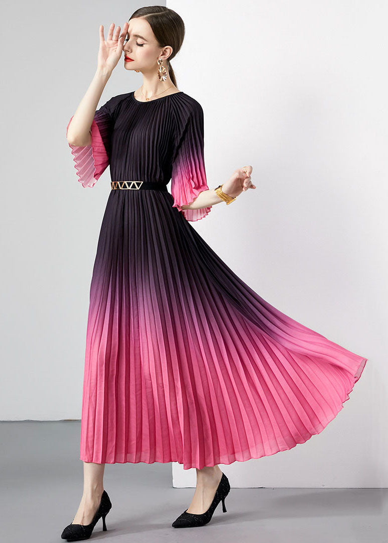 French Rose Wrinkled Sashes Patchwork Chiffon Long Dresses Flare Sleev ...